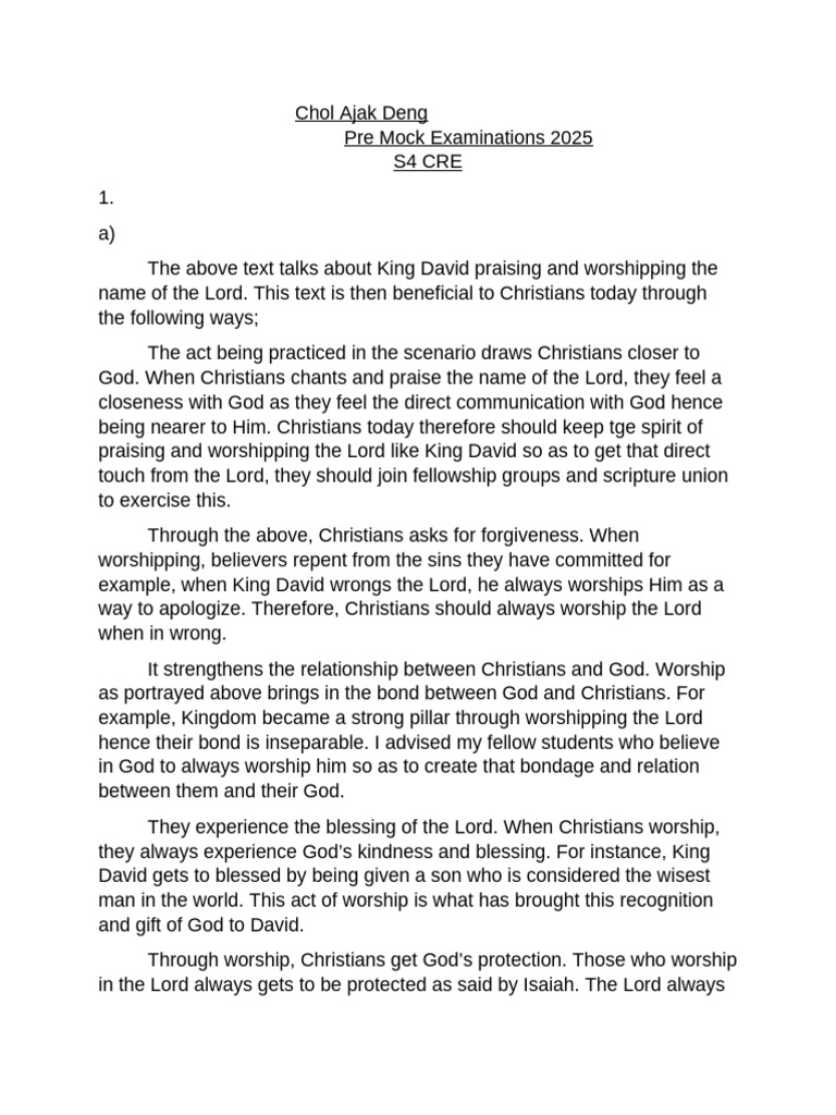 Chol Ajak Deng Pre Mock Examinations 2025 S4 CRE | PDF | Prayer | Worship