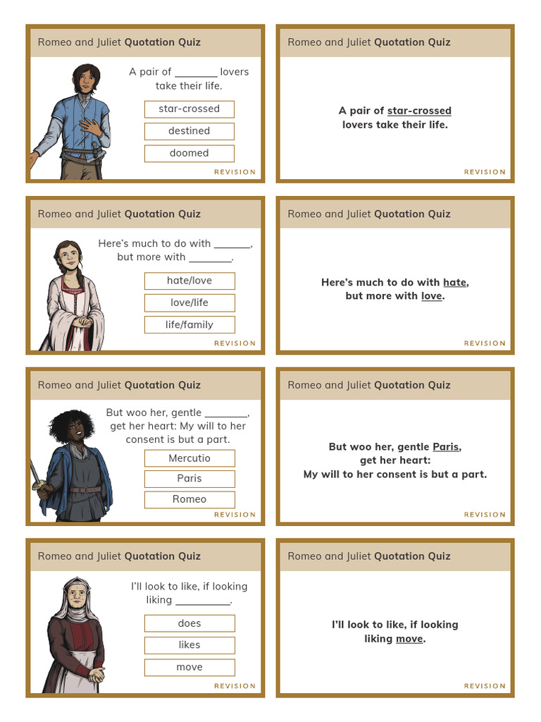 t3 e 748 Ks4 Romeo and Juliet Quotation Quiz Flashcards Ver 2 | PDF ...