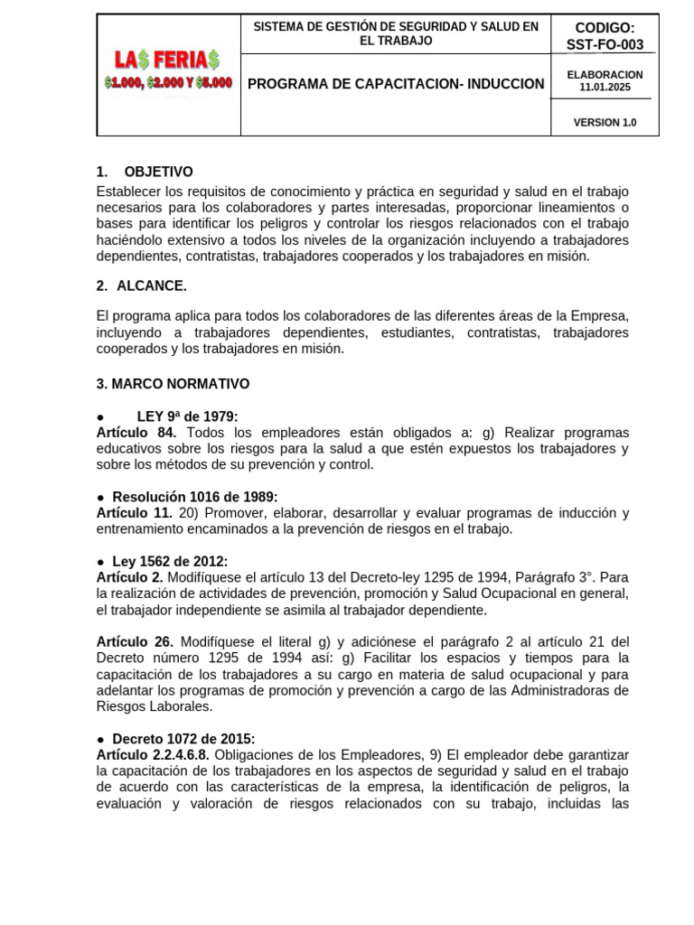 Programa de Capacitación, Inducción, Re-Inducción y Entrenamiento en SST | PDF | Seguridad y ...