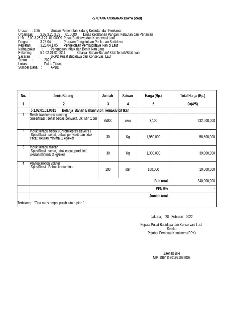 Rab Hps Riwayat Boq Timeline Bibit Ternak 2022 - 340 | PDF