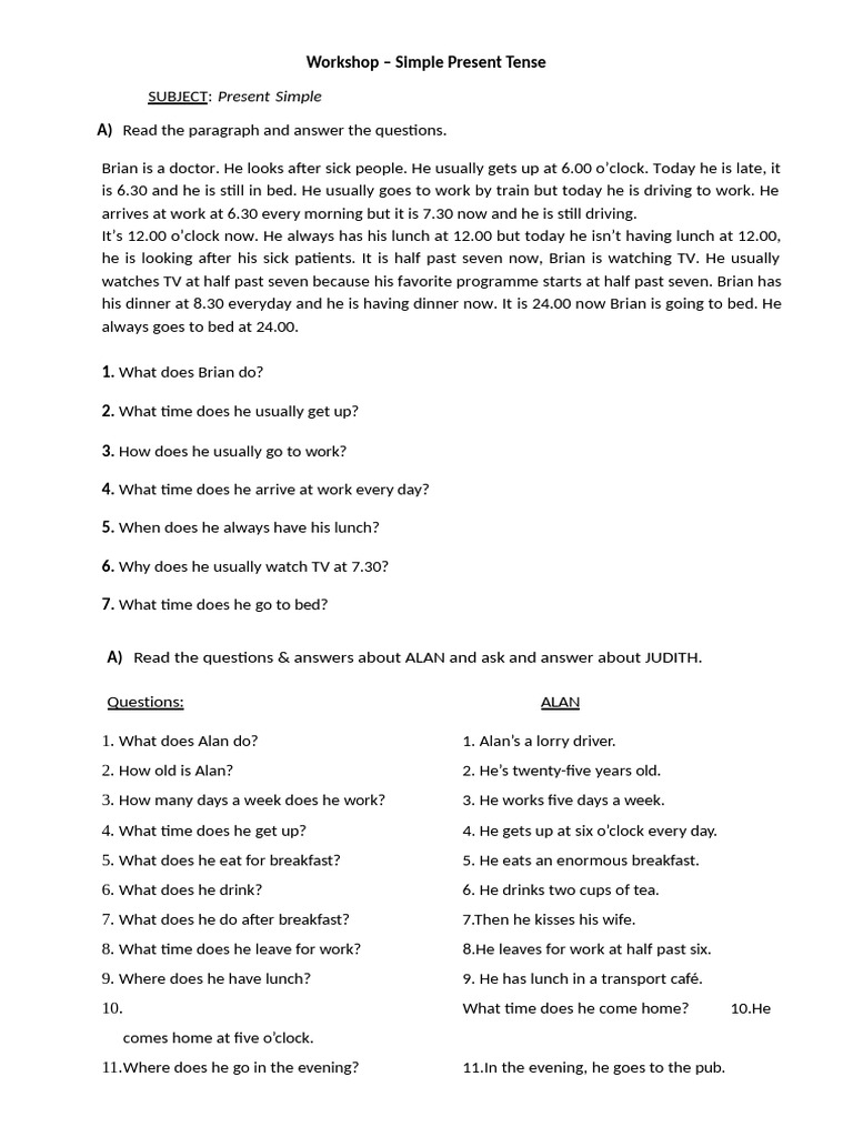 Simple Present Tense Workshop Guide | PDF
