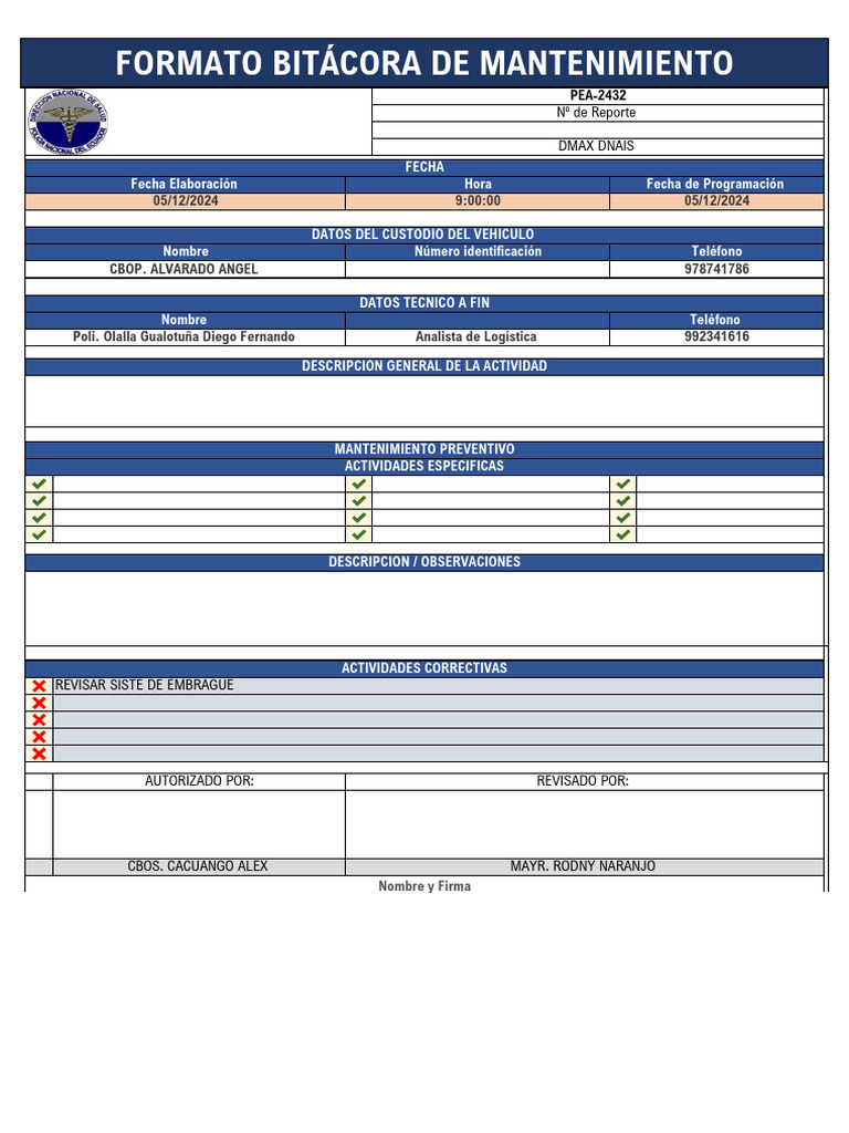 Bitacora Mantenimiento | PDF