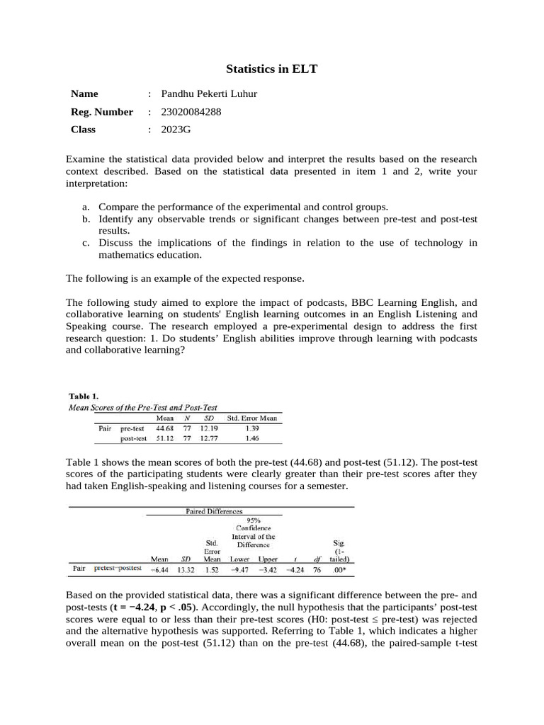 288 - Pandhu Pekerti Luhur - UAS Statistics in ELT | PDF | Statistics | Methodology