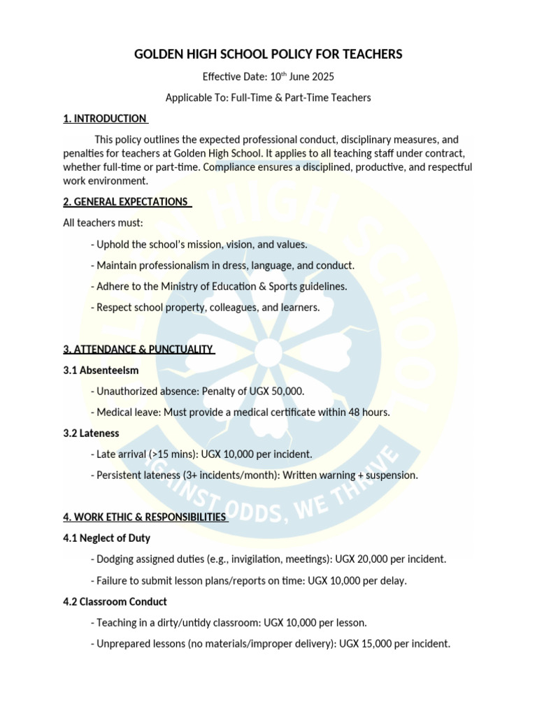 Golden High School Teacher Policy Guide | PDF | Teachers | Justice