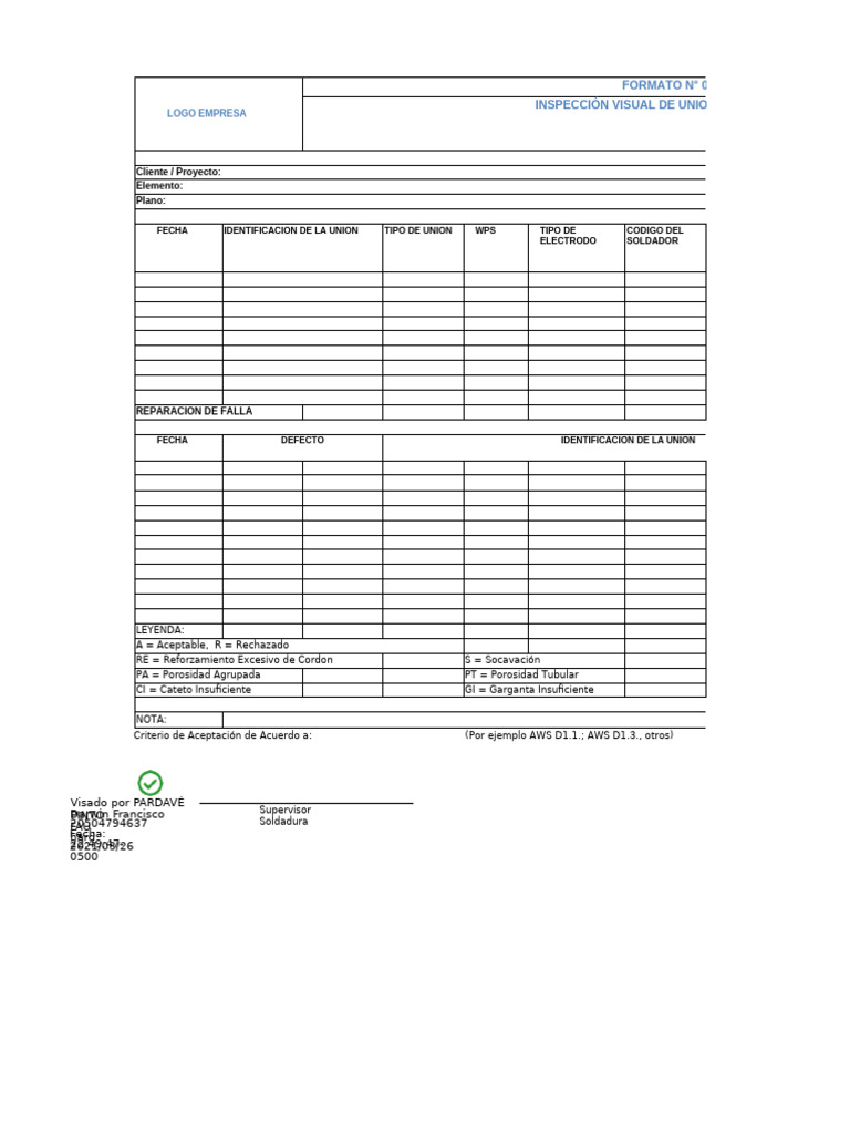 Formato #01 - Formato para La Inspección Visual PDF | PDF | Soldadura ...