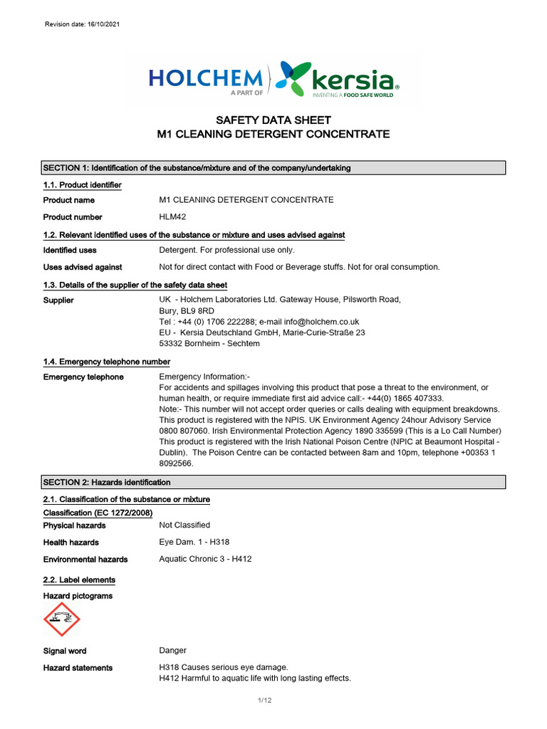 M1 Cleaning Detergent Safety Data Sheet | PDF | Hazards | Occupational ...