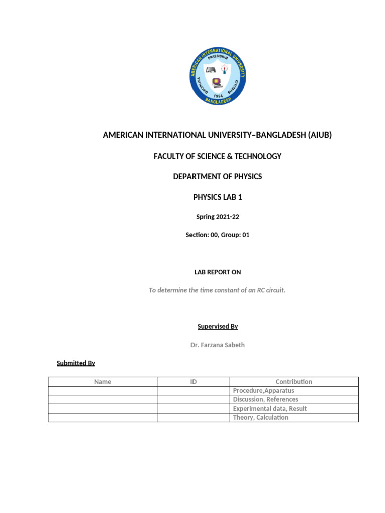 Physics 1 Lab Report 7 To Determine Time Constant of An RC Circuit ...