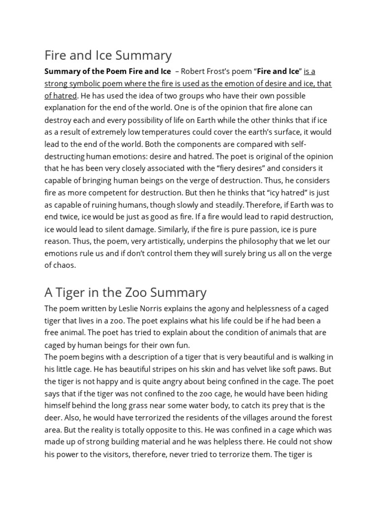 Summary of The Poem Fire and Ice Fire and Ice | PDF | Tiger | Ice