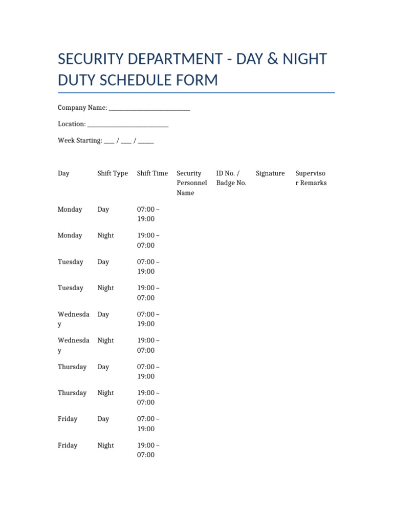 Security Duty Schedule Form | PDF
