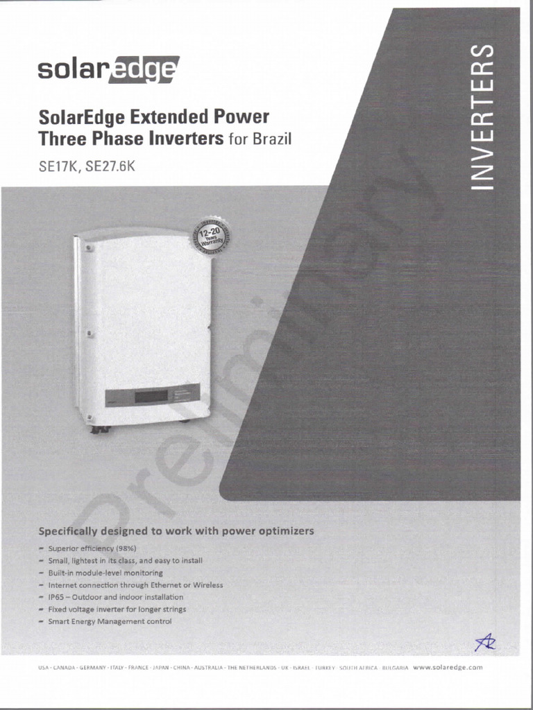 Projeto 1363 - Datasheet 2 - Inversor - SolarEdge - SE 17K | PDF