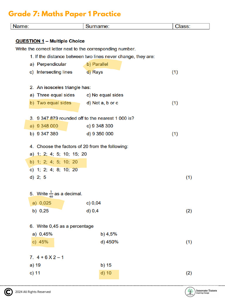 Grade 7 Maths Paper 1 Practice Test | PDF