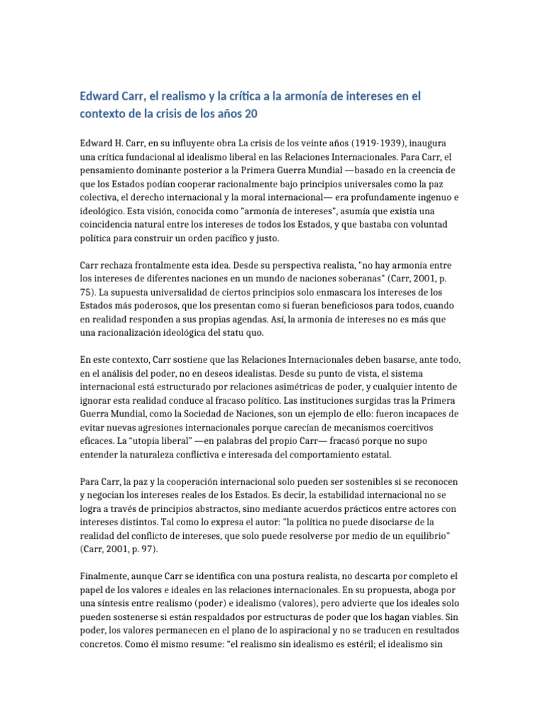 Edward Carr Realismo RRII | PDF | Realismo filosófico | Educación en ...