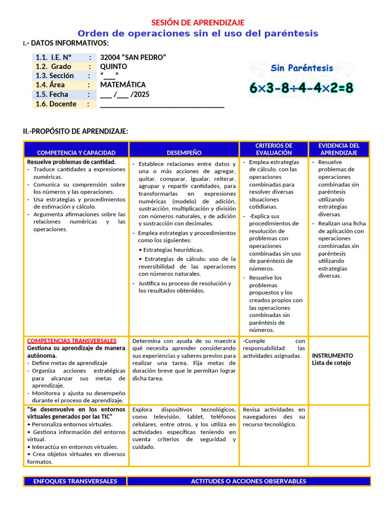 D5 A1 SESION MAT. Orden de Operaciones Sin El Uso Del Paréntesis | PDF ...