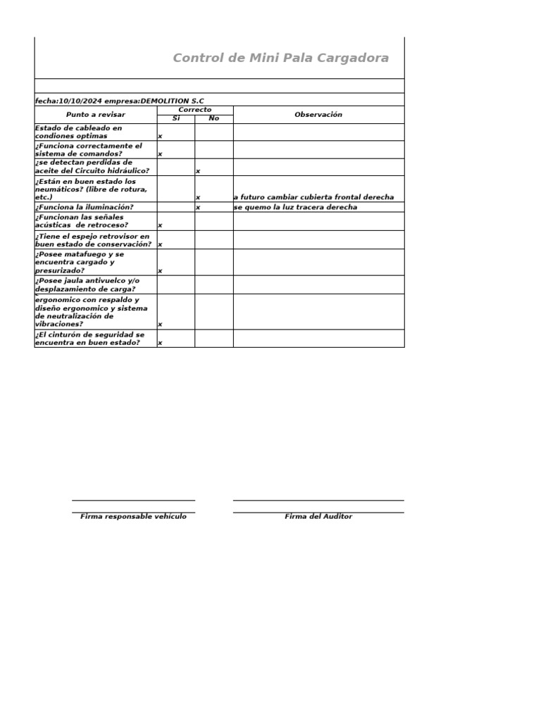 Check List - Mini Pala Cargadora1 | PDF