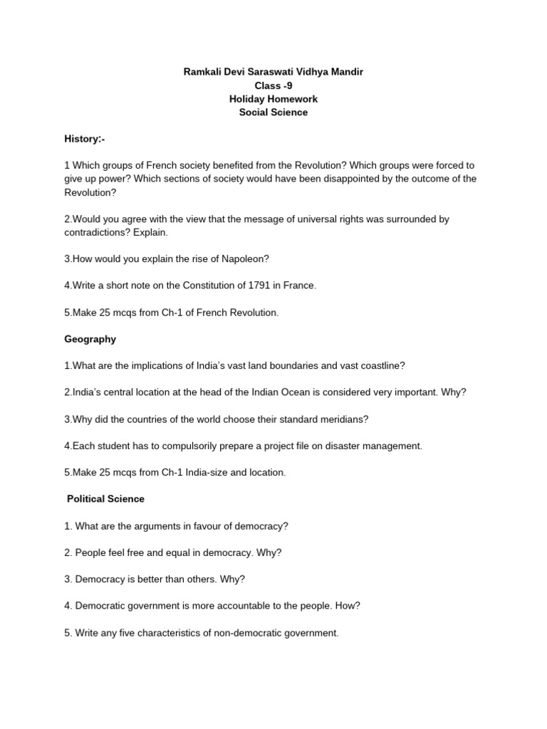 9th SST Holiday Homework | PDF