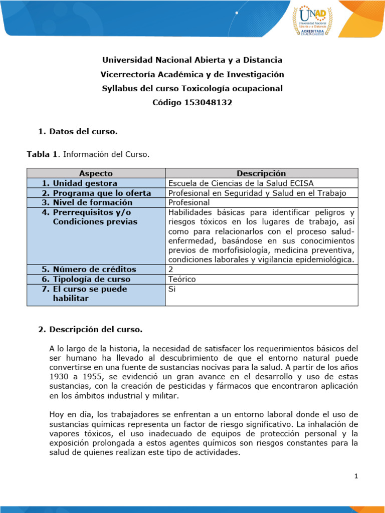 Syllabus Del Curso - Toxicología Ocupacional | PDF | Toxicología ...