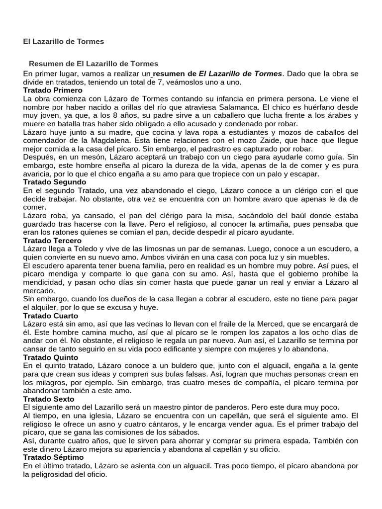 El Lazarillo de Tormes Resumen | PDF | Literatura española