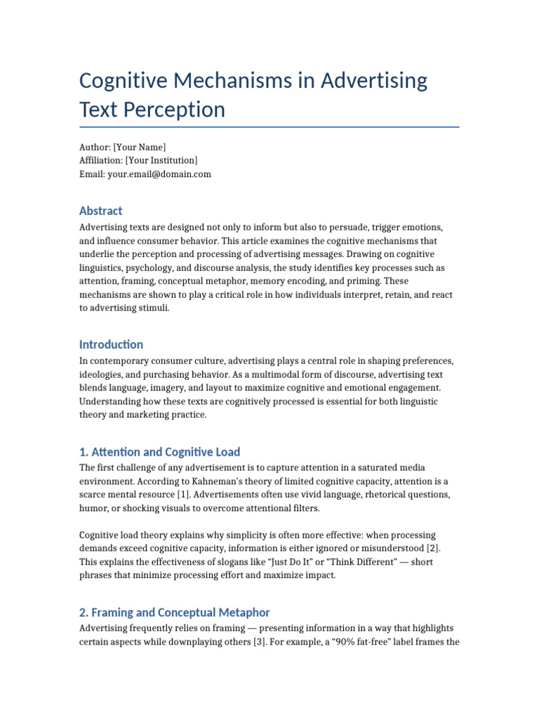Cognitive Mechanisms in Advertising Text Perception Formatted | PDF ...
