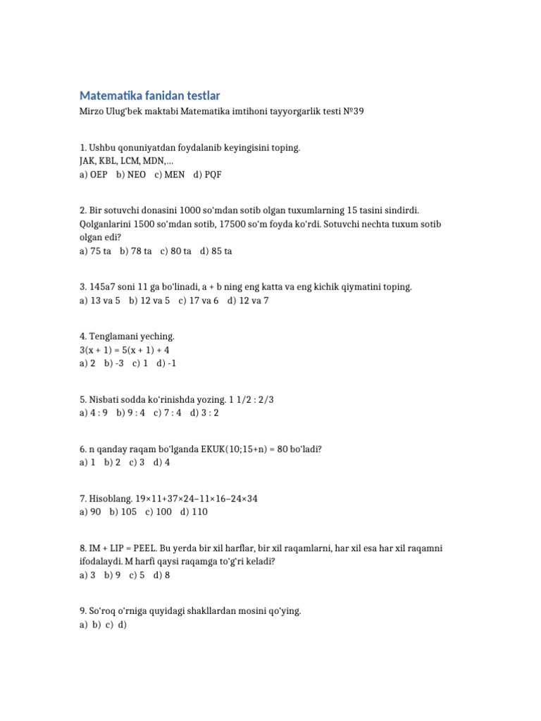 Matematika Test Varianti | PDF