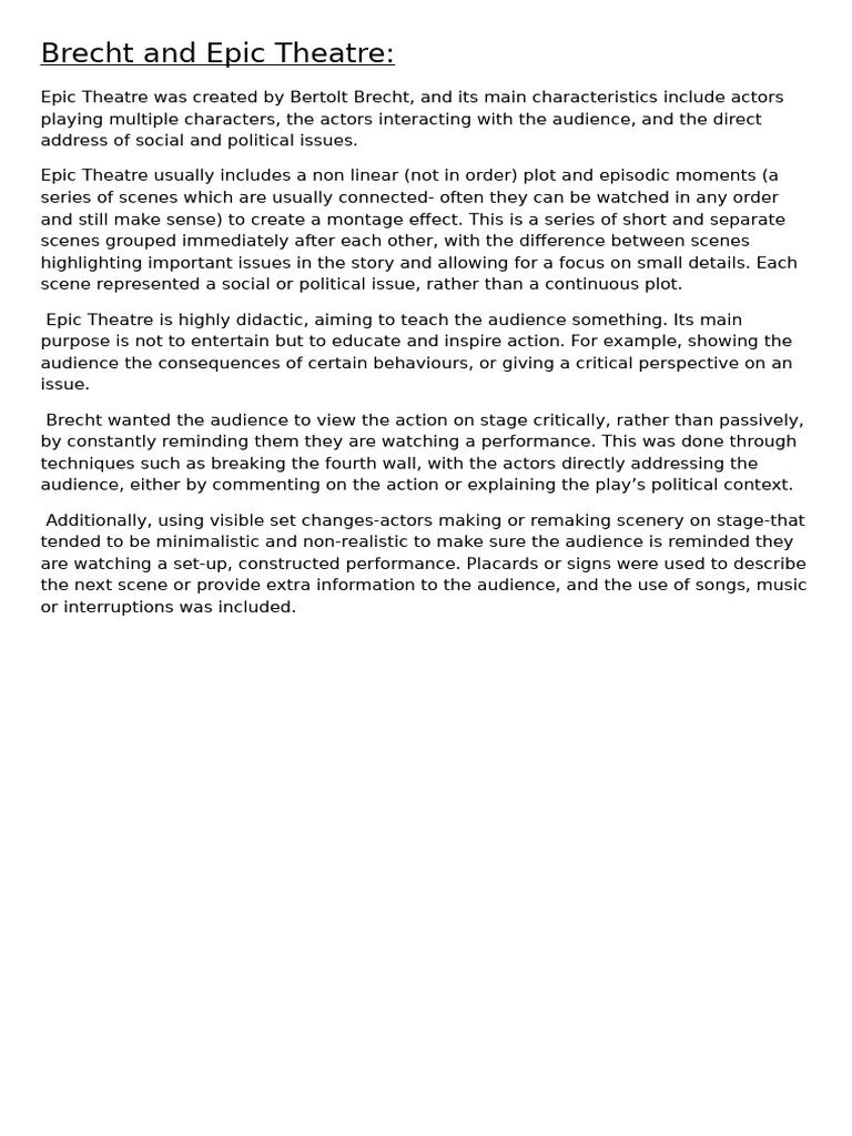 Brecht and Epic Theatre Drama HW X | PDF