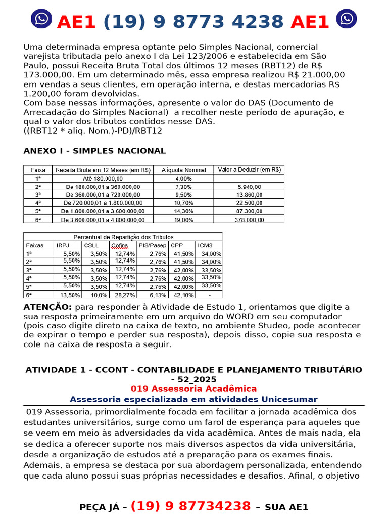 AE1 AE1: Anexo I - Simples Nacional | PDF | Contabilidade