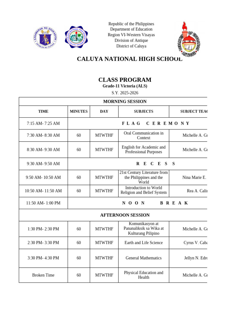 Class Schedule ALS SHS SY 2025-2026 | PDF