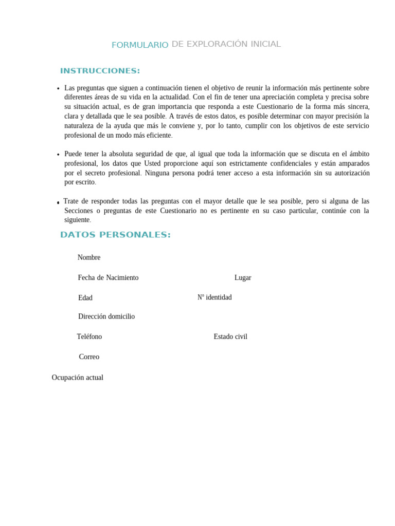 Formulario de Exploración Inicial FEI | PDF | Las emociones | Estrés (biología)