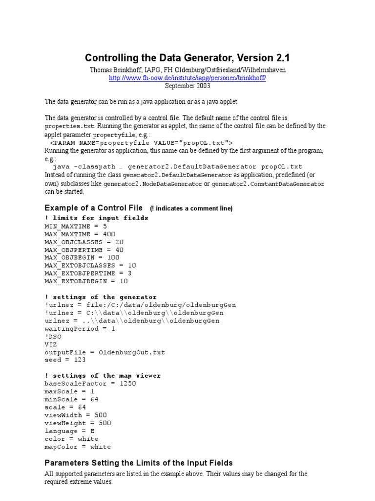 Controlling The Data Generator, Version 2.1: Example of A Control File | PDF | Parameter ...