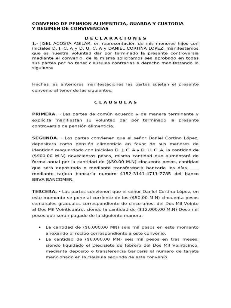 Convenio de Pension Alimenticia | PDF | Pensión alimenticia | Pagos