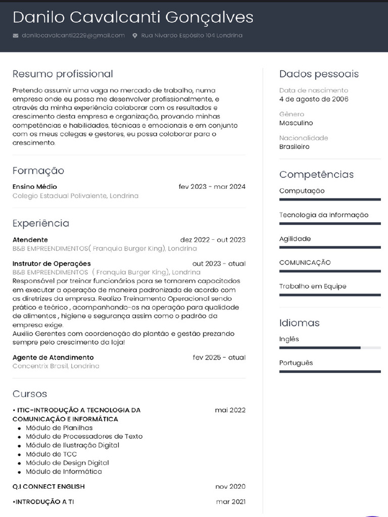 Currículo Danilo Cavalcantii | PDF