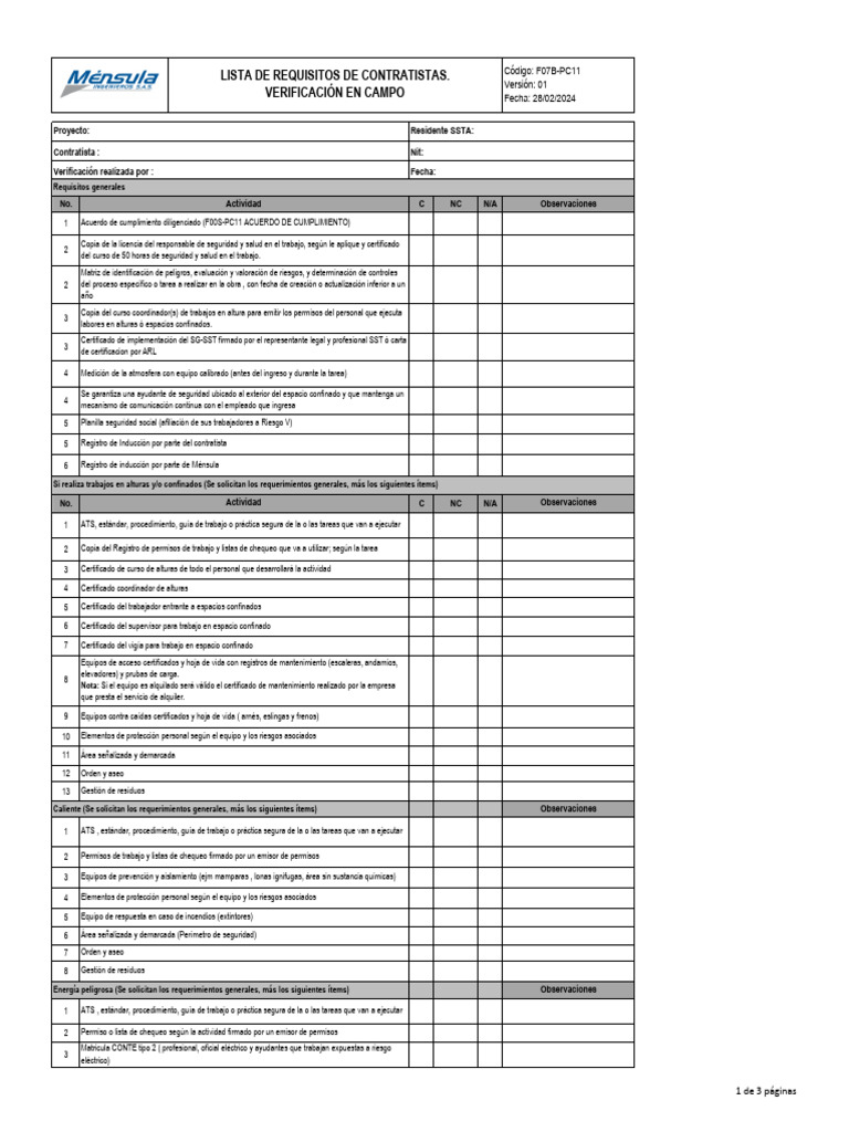 f07b-Pc06 Lista de Requisitos Contratistas. en Campo v1 | PDF