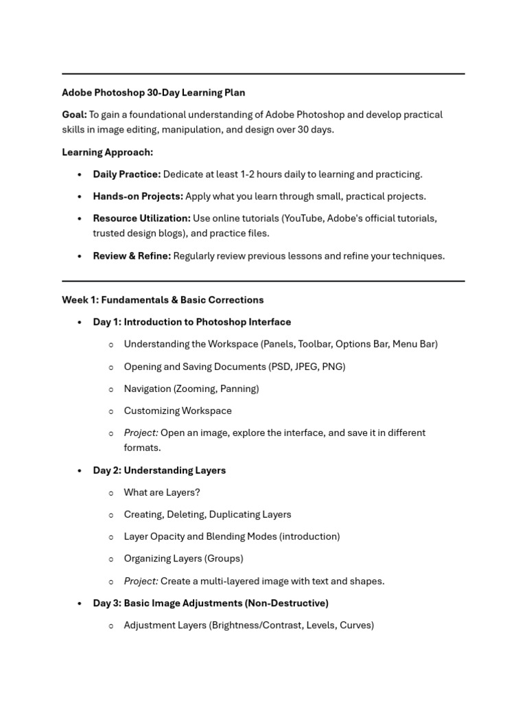 Learning Plan Adobe Photoshop 30 Days | PDF | Image Editing | Adobe ...