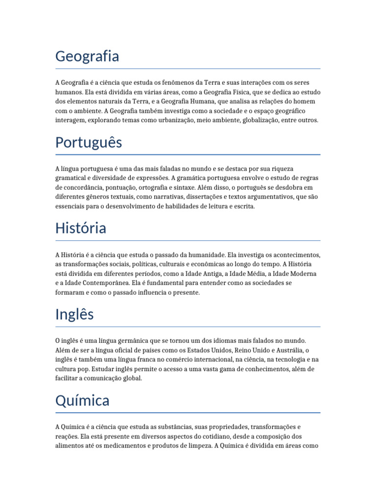 Resumo Sobre Principais Matérias | PDF