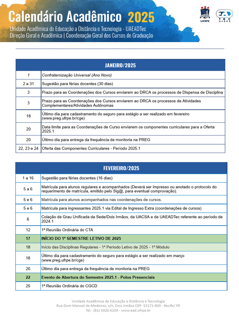 Calendário Acadêmico 2025 UAEADTec | PDF | Brasil