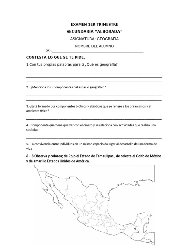 Examen 1ero de Sec Geografia 1 Trim. | PDF | Geografía | Paisaje