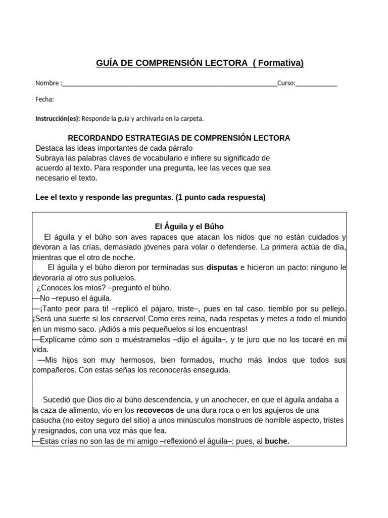 5° Básico Lenguaje Guía Comprensiòn Formativa | PDF