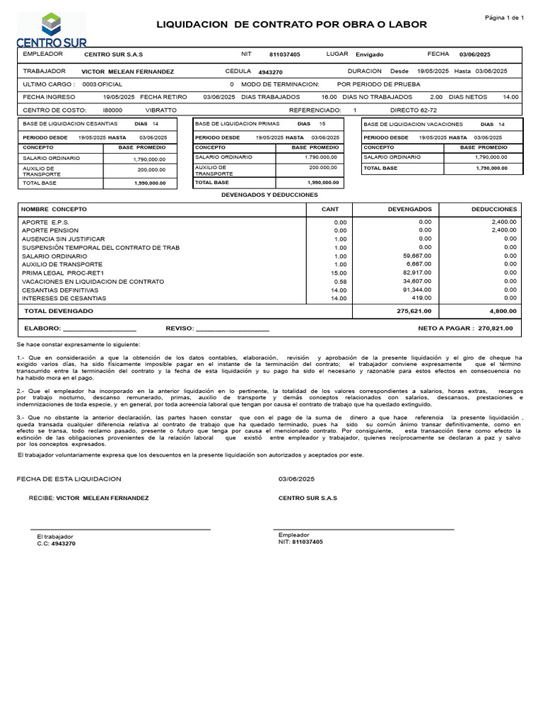 Ldct Victor Melean | PDF | Salario | Liquidación