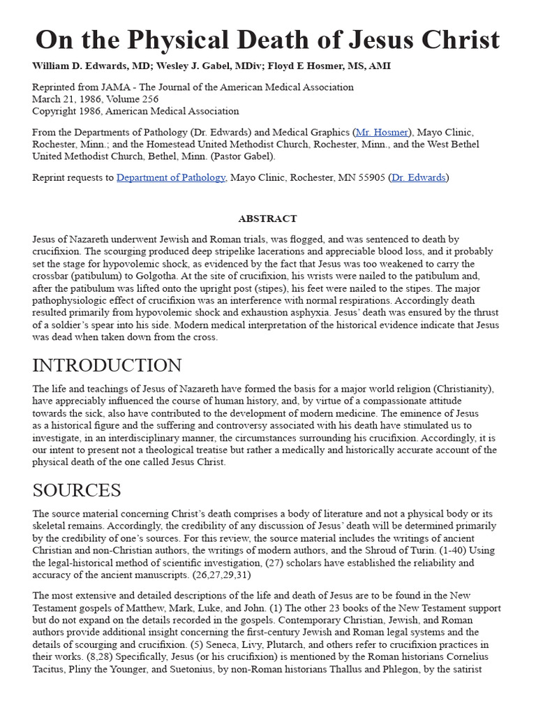 On The Physical Death of Jesus Christ | PDF | Crucifixion | Crucifixion ...