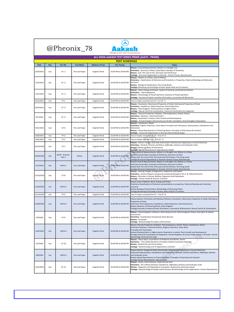 AIATS Prime Schedule by @pheonix - 78 | PDF | Chemistry | Physics