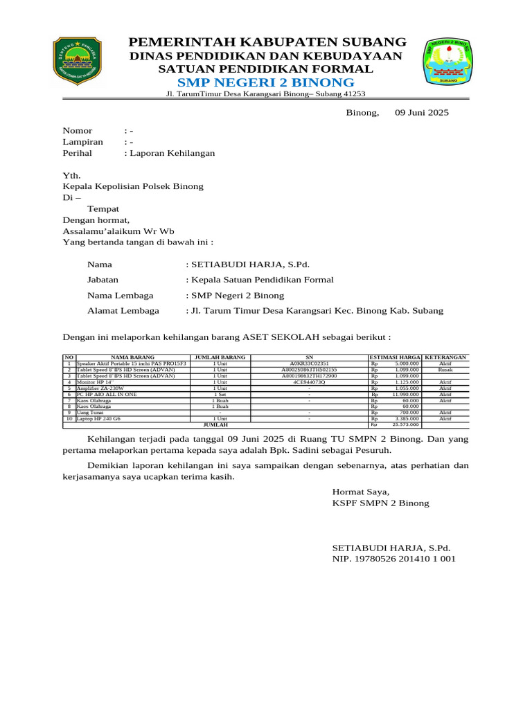 Laporan Kehilangan Aset SMPN 2 Binong | PDF