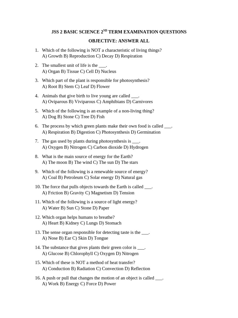 JSS2 Basic Science 2nd Term Exam Questions | PDF | Plants | Water