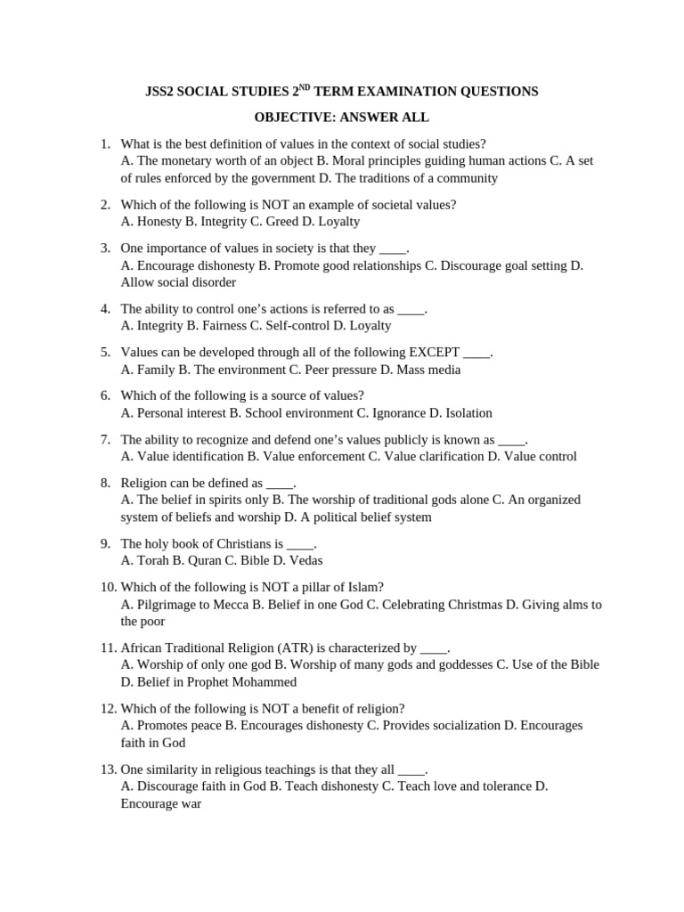 JSS2 Social Studies 2nd Term Exam Questions | PDF | Marriage | Polygamy
