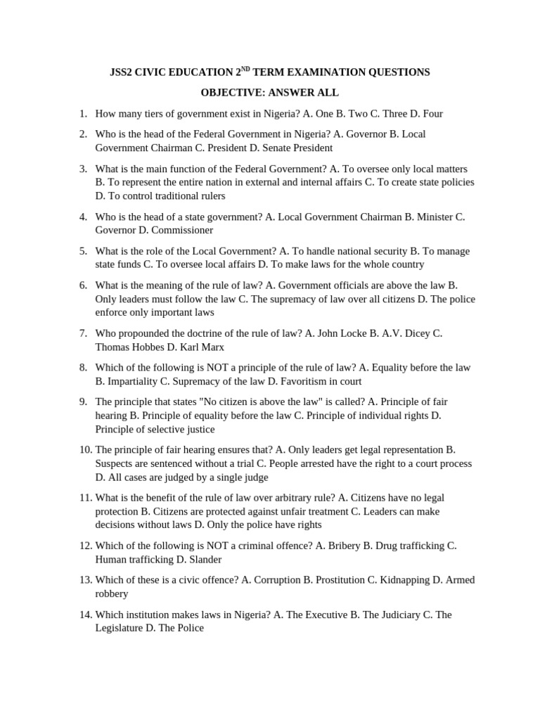JSS2 Civic Education 2nd Term Exam Questions | PDF | Rule Of Law | Crimes