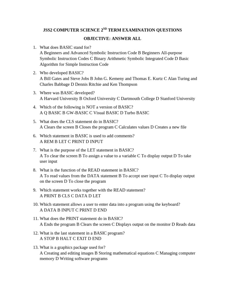 Jss2 Computer Science 2nd Term Examination Questions | PDF | Basic | Graphics