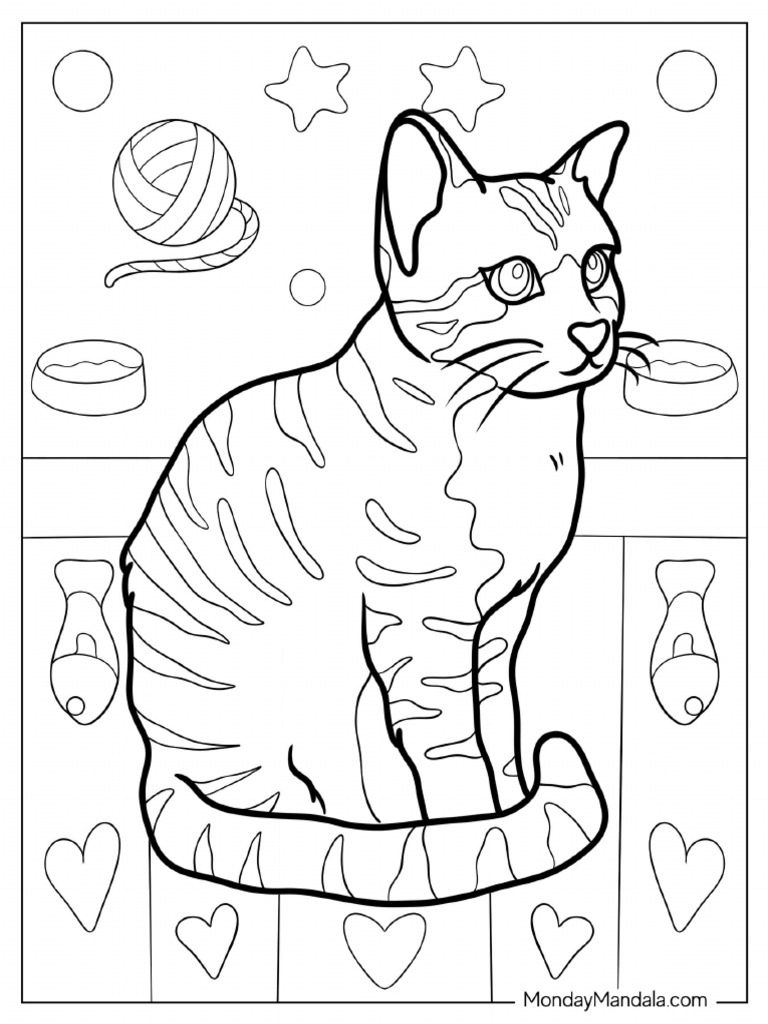 Pretty Striped Cat Sitting Coloring Sheet | PDF