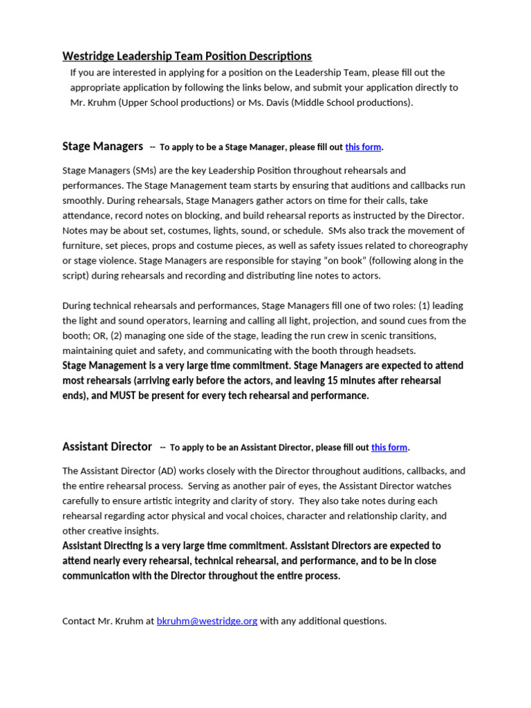 Westridge Leadership Team Roles Guide | PDF | Audition | Performing Arts