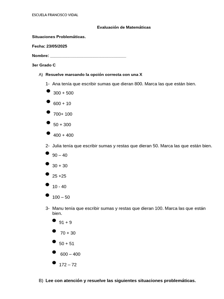 ? Evaluación de Matemáticas - 3ro 2025 | PDF