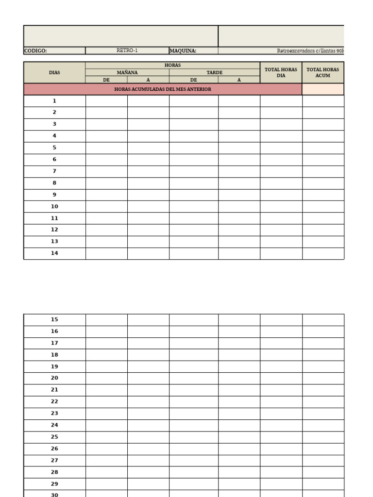 Planilla de Control de Horas Maquinas | PDF