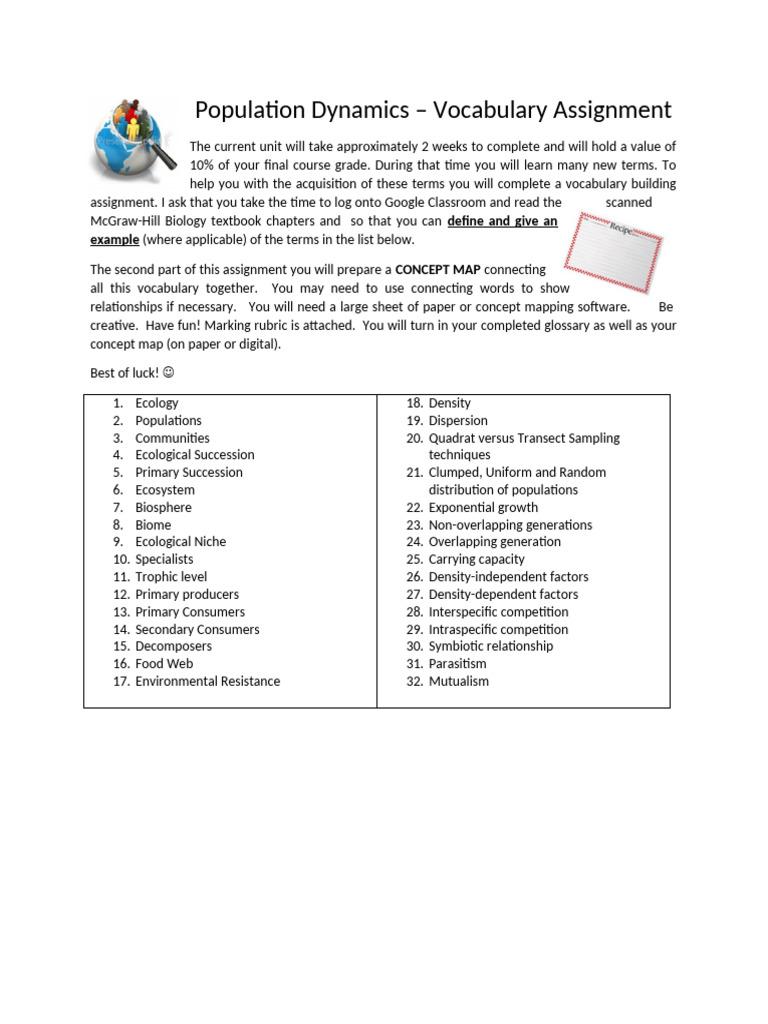 Population Dynamics - Vocabulary Assignment: Define and Give An Example ...