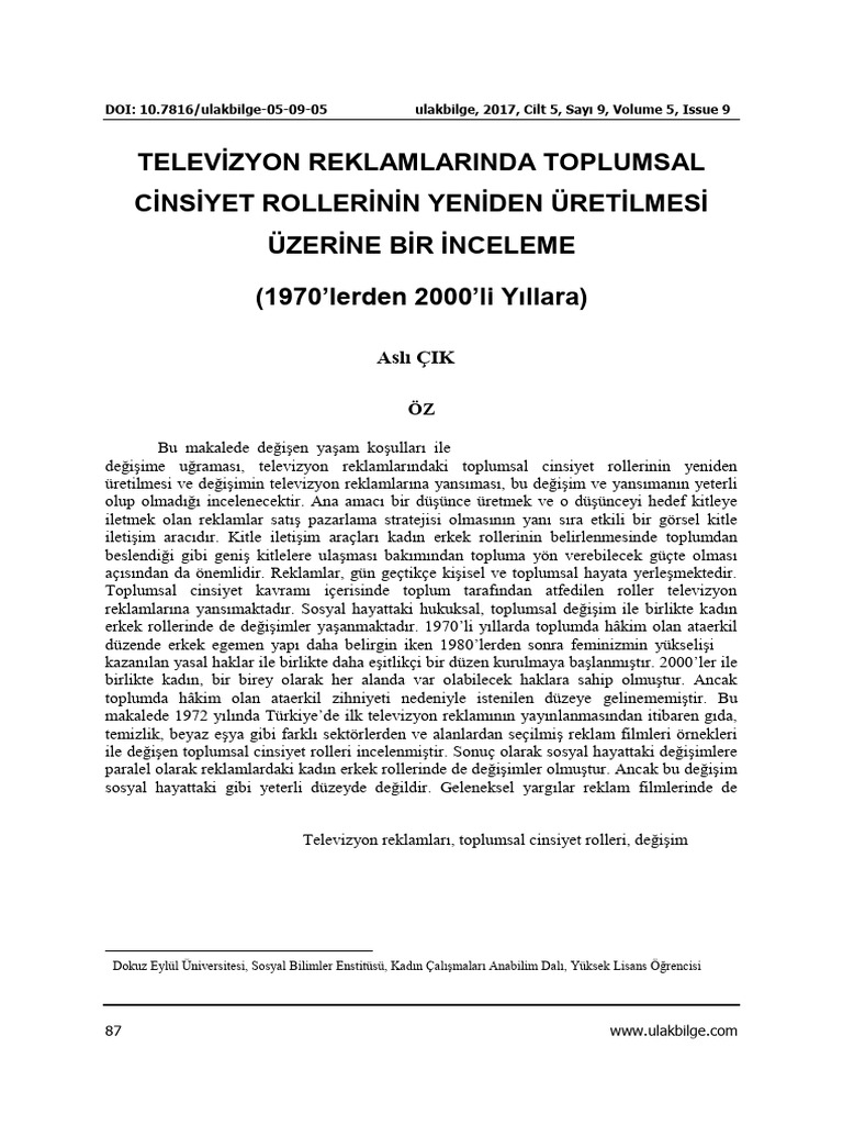 Televizyon Reklamlarinda Toplumsal Cinsiyet Rollerinin Yeniden Üretilmesi Üzerine Bir İnceleme ...